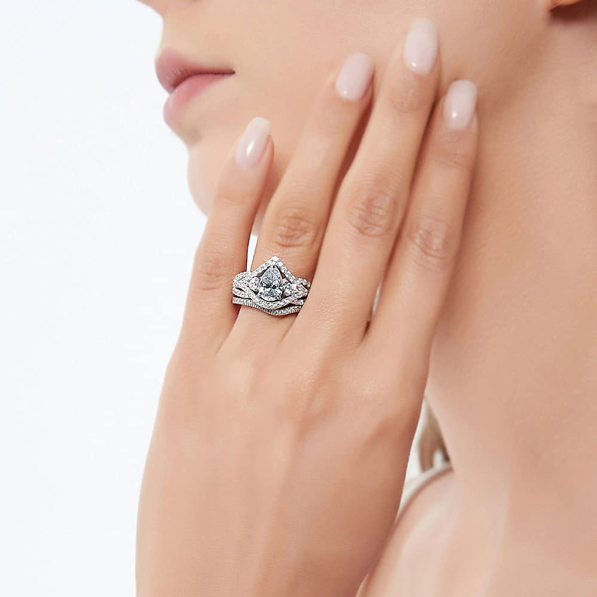 BERRICLE Sterling Silver 3-Stone Wedding Engagement Rings Pear Cut Cubic Zirconia CZ Woven Ring Set for Women, Rhodium Plated Size 9.5