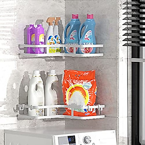 Takeberny 2PCS Corner Bathroom Shower Shelf, no drill corner shower shelf, Stainless Steel Shower Stand with 4 Hooks, Bathroom Stand without Drilled Holes, for Bathroom Storage (White)