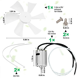Puxyblue 6" RV Vent Fan Blade and 12V D-Shaft Motor Compatible With Heng's, Elixir, Jensen, Jayco, Toyota Dolphin - 2 Screws and 2 Zip Ties for Camper Roof Vent