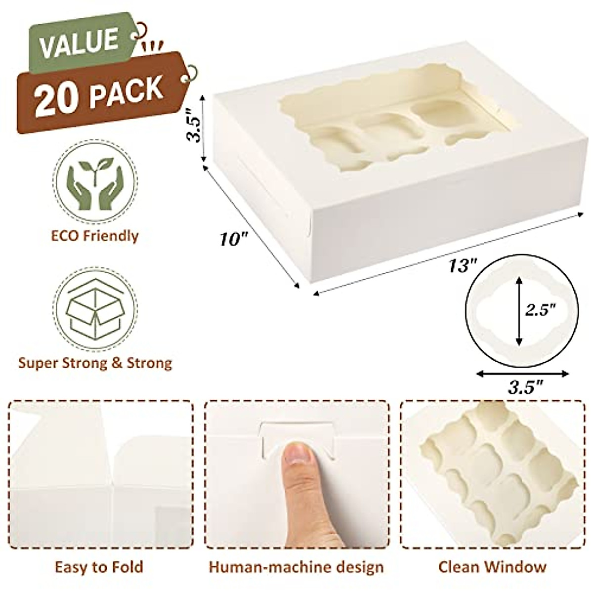 TOMNK 20pcs 13 Inch Cupcake Boxes White Bakery Boxes with Window and Inserts Cupcake Containers 12 Count Bakery Carrier Boxes for Cupcakes Muffins Donuts and Party Favor 13x10x3.5 Inch