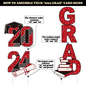 URATOT Red ''2024 GRAD'' Yard Signs Including 4 Pieces Glittering Graduation Yard Signs with 8 Pieces Stakes Party Outdoor Decorations, Waterproof Lawn Decor, Graduation Party Supplies