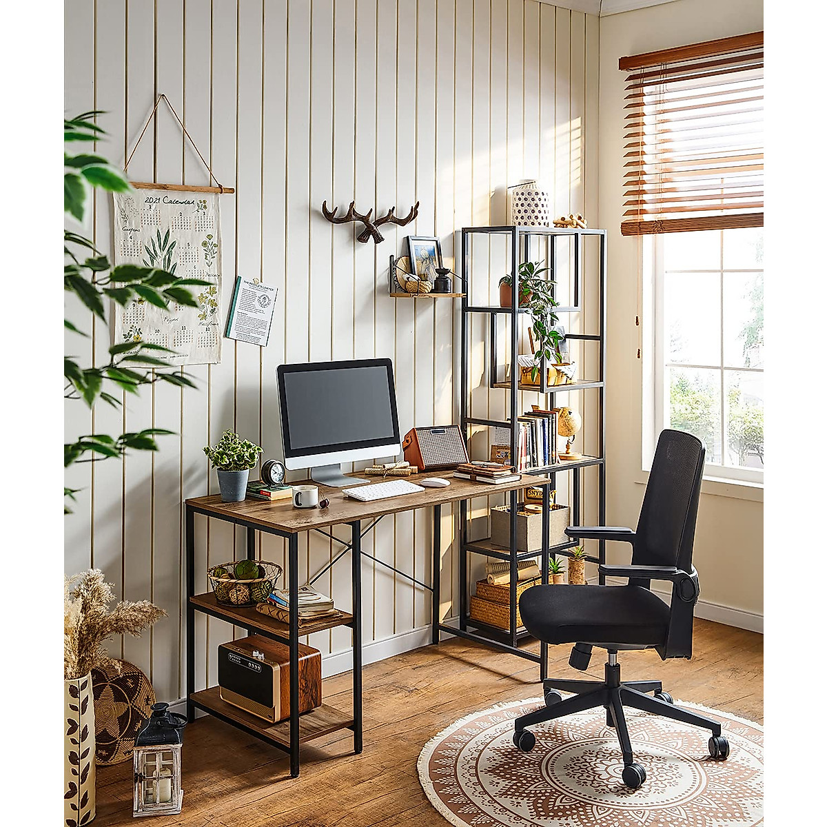 LINSY HOME Computer Desk 47 Inch, Home Office Desk with 2-Tier Storage Shelf, Writing Laptop Table for Gaming Study Working, Easy Assembly, Rustic Brown