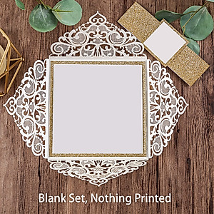 DreamBuilt 6.3 x 6.3 inch Ivory Laser Cut Wedding Invitations Cards with Gold Glitter Border and Bellyband for Wedding Bridal Shower (Ivory, 50pcs Blank)