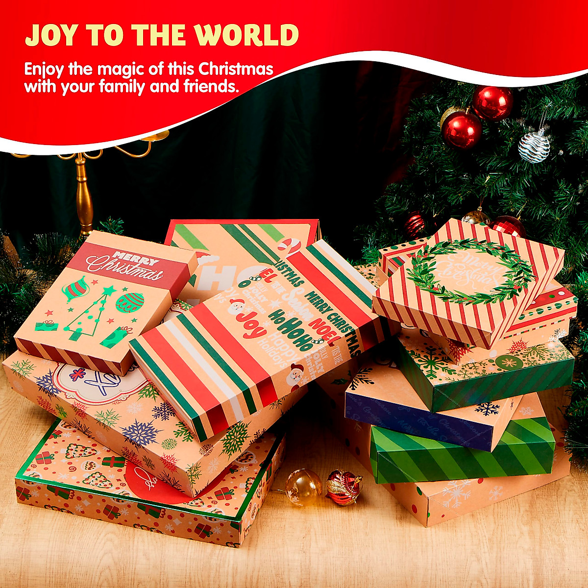 JOYIN 12 Pcs Christmas Aluminum Foil Kraft Paper Gift 3 sizes Boxes with Base, Xmas Shirt Wrap Box, Holiday Present Box for Birthday Party Favors Decorations Gift-Giving, 12 Design