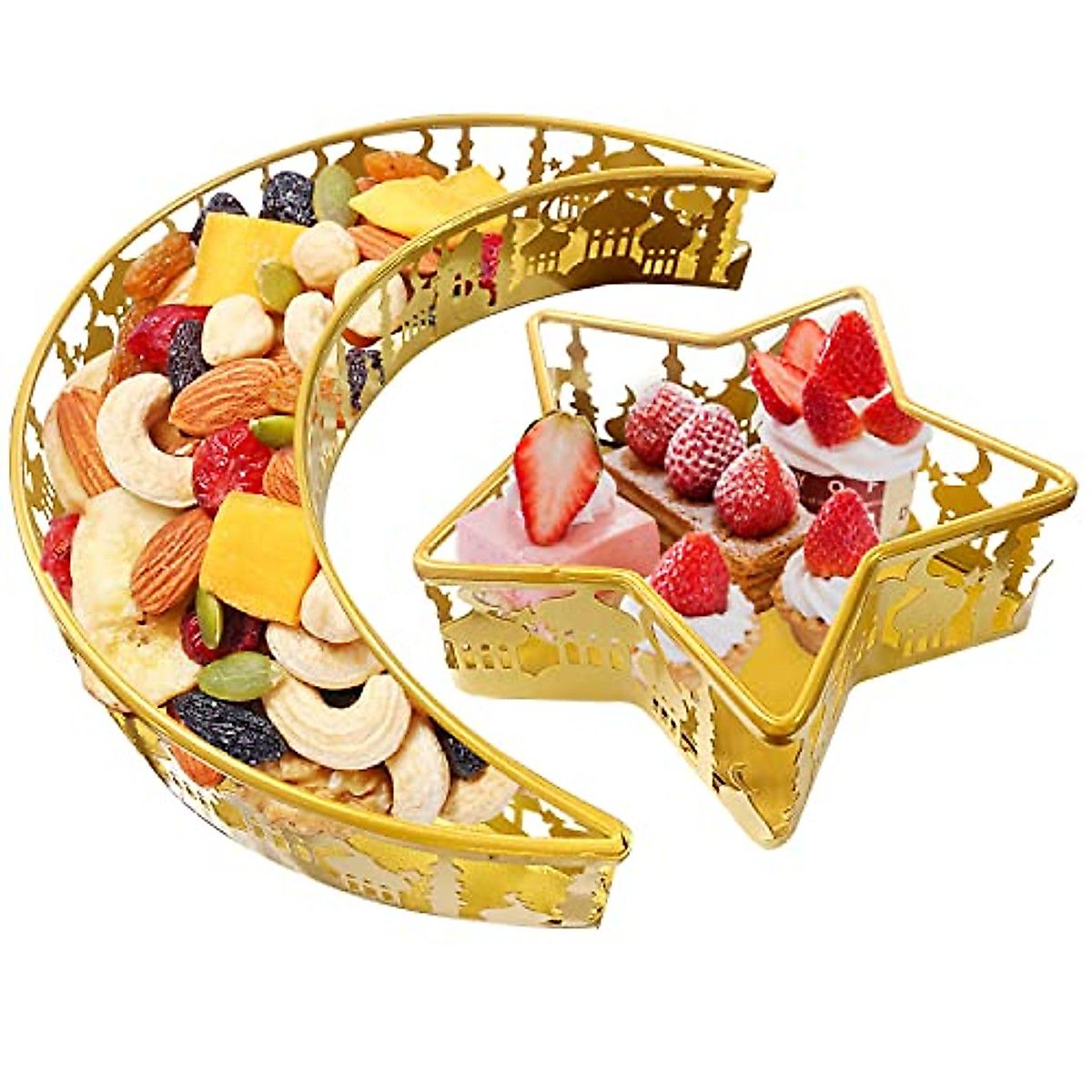 YumSur Eid Mubarak Moon Star Tray, Islam Muslim Al-Fitr Iftar Party Food Serving Tray, Ramadan Metal Platters Table Decor for Breakfast Dinner Dessert Pastry Display Holder Decoration Ornament
