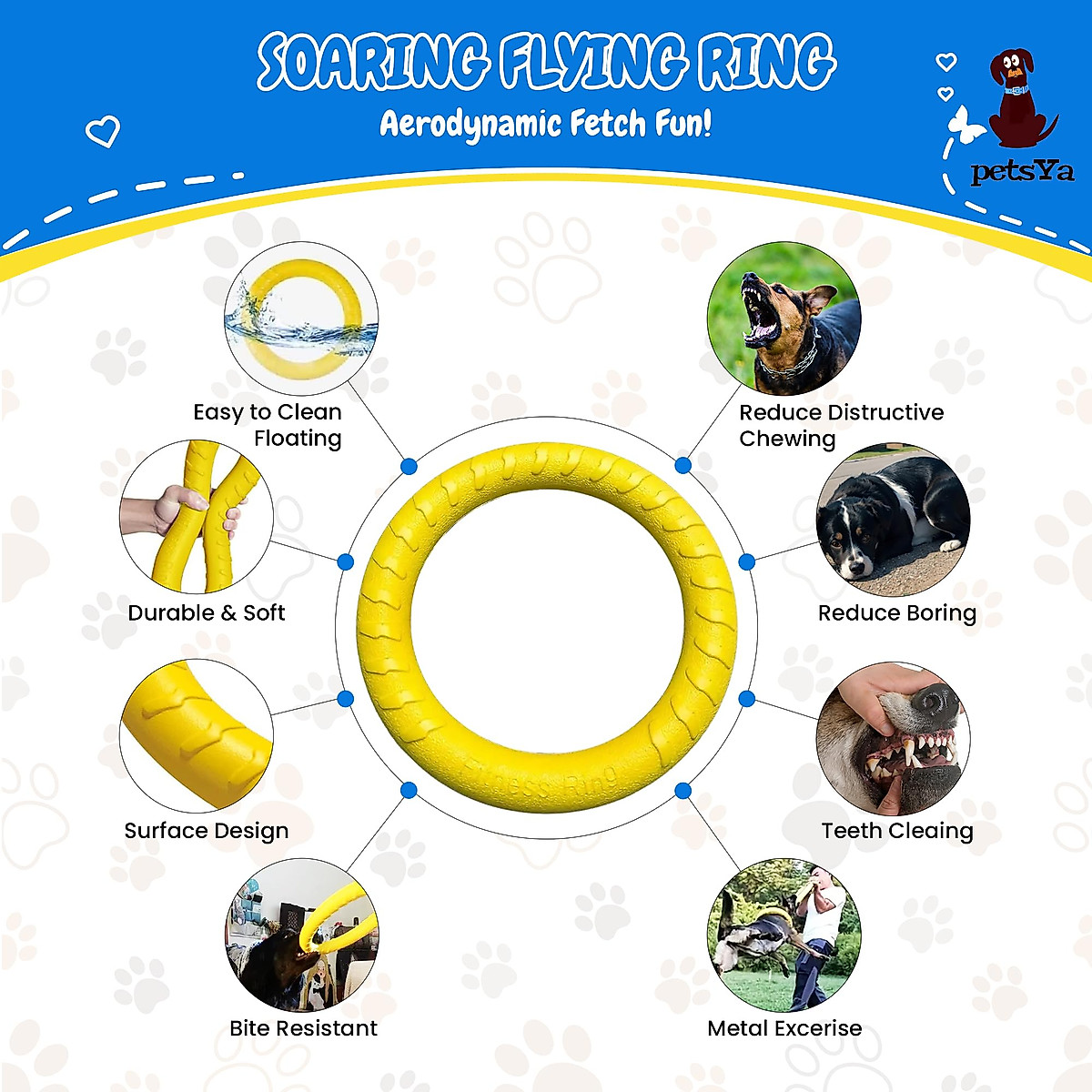 petsYa Ball Dog with Rope and Dog Ring Flying Traning chew Dog Toys Soft Foam Ball for Fetching Soaring Flying Ring