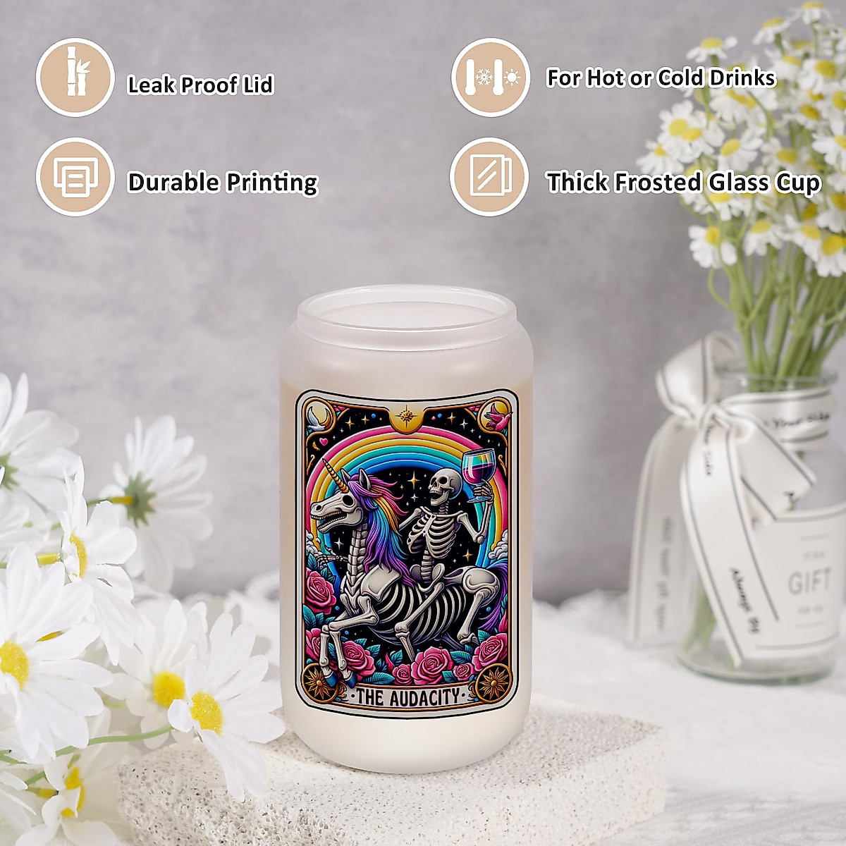 Fairy's Gift the Audacity Iced Coffee Cup, Cute 16 oz Frosted Glass Cup with Lid Straw, Christmas Funny Skull Cups, Sarcastic Skeleton Glass Tumbler, Cool Birthday Witchy Gifts for Women Tarot Lovers