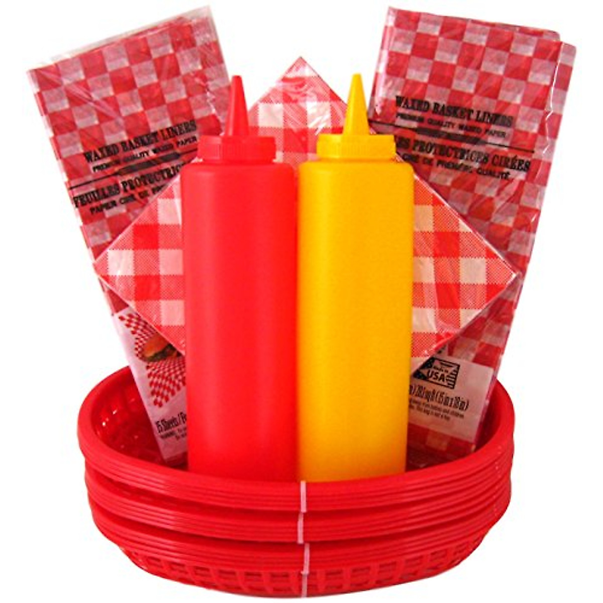 Barbecue Set Deli Diner Baskets, Liners, Napkins & Squeeze Bottles Bundle of 8 Items For Picnics, BBQ's, Parties, Banquets, Get-togethers or Cookout