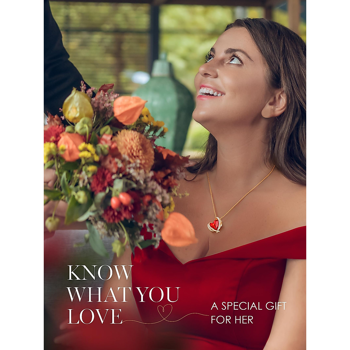 CDE Love Heart Pendant Necklaces for Women Silver Tone Rose Gold Tone Birthstone Christmas Jewelry Gifts for Women Birthday/Anniversary Day/Valentine's Day (Crystals, Rose Gold Plated-01 & 07-January & July Ruby Red Siam Garnet)