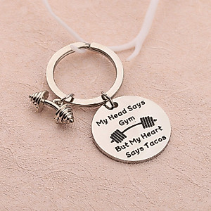 BEKECH Fitness Keychain Gym Keychain My Head Says Gym But My Heart Says Tacos Fitness Jewelry Fitness Lover Workout Gift Bodybuilding Gift (silver)
