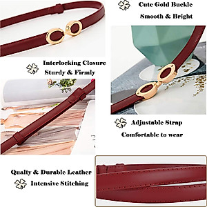 ALAIX Women's Leather Skinny Belt for Dress Adjustable Thin Waist Belt for Lady Waistband with Golden Buckle Winered