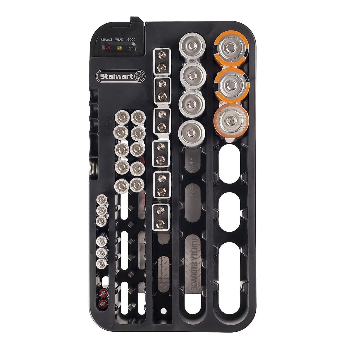 Battery Organizer with Removeable Volt Tester – 70 Piece Capacity Wall Mounted or Drawer Storage Case for Garage, Office, Home by Stalwart