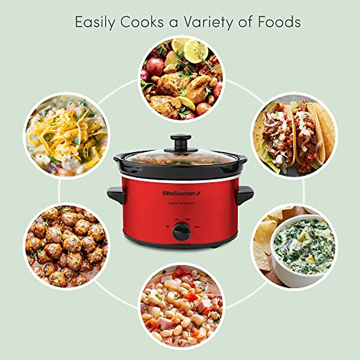 Elite Gourmet MST-275XR# Electric Oval Slow Cooker, Adjustable Temp, Entrees, Sauces, Stews & Dips, Dishwasher Safe Glass Lid & Crock (2 Quart, Red)