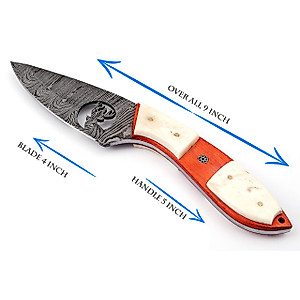 TMBrands Damascus Hunting Knife, Fixed Blade Knife, Camping Knife & Gift Knives with Rose Wood & Bone Handle & Leather Knife Sheath