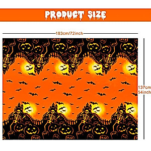 54x72 Inch Halloween Tablecloth Plastic Rectangle Pumpkin Bat Skeleton Picnic Table Cover Waterproof Orange and Black Decorations for Holiday Party Favors Supplies, Wipeable and Reusable (2 Pieces)