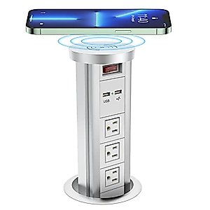 Automatic Pop Up Power Outlet, Popup Wireless Charging Station with 3AC Plugs + 2 USB, Pop up Electrical Outlets for Countertops, Recessed Hidden Outlet for Kitchen Island Conference (Silver White)