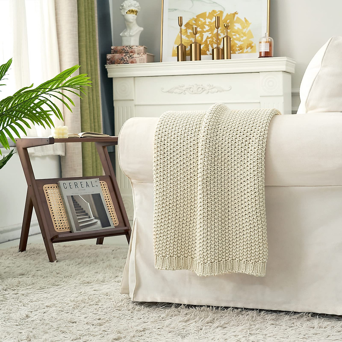 Longhui bedding Chunky Cable Knit Throw Blanket Lightweight Cream 100% Organic Cotton Blanket for Sofa Couch Bed Baby Nursery, Rustic Shabby Chic Modern Farmhouse, 51” x 63” Give Laundering Bag