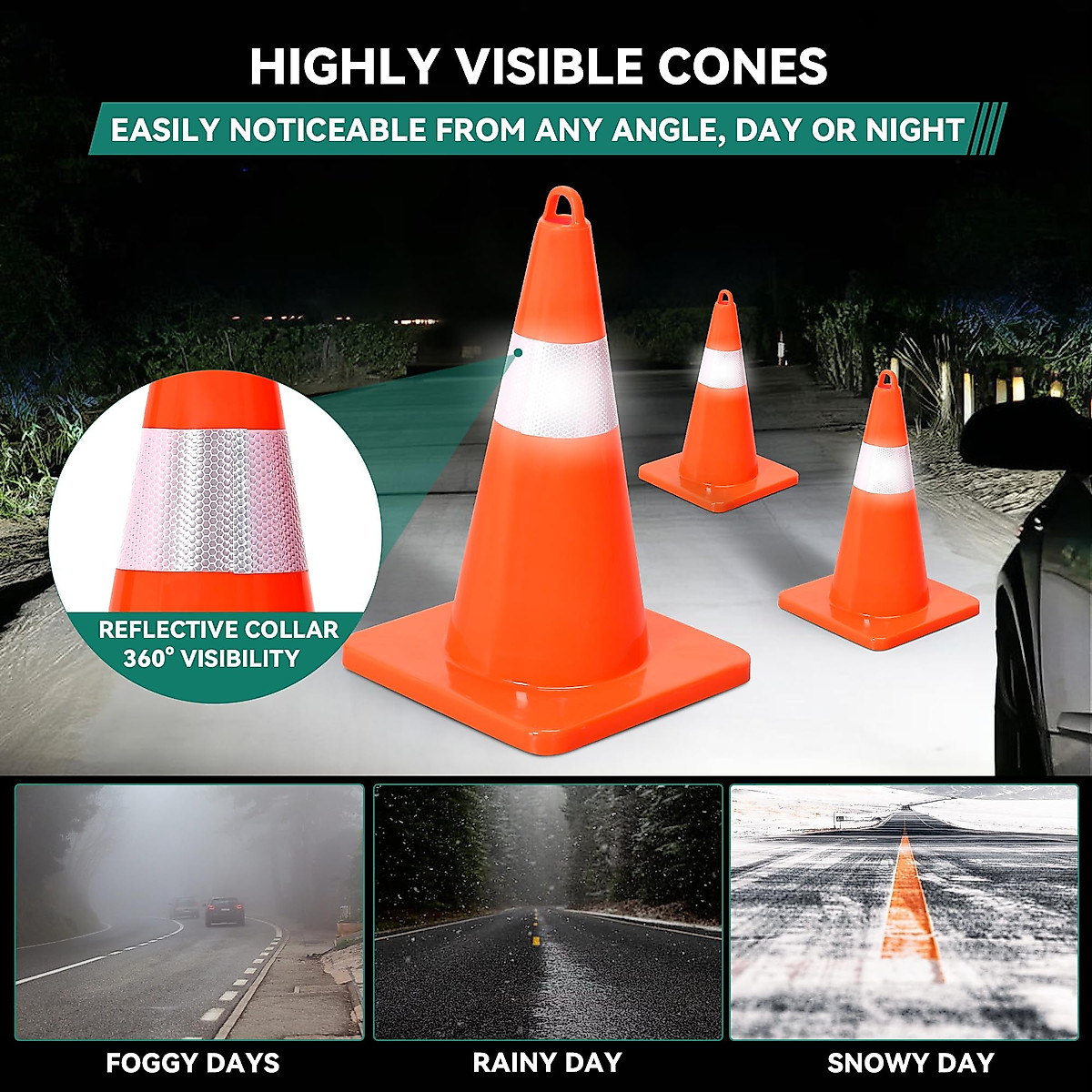 YITAHOME Traffic Cones 18 Inch (12 Pack), with 19.7FT Chain and Reflective Collars, PVC Orange Construction Cones, Safety Cones for Parking Lot, Sports