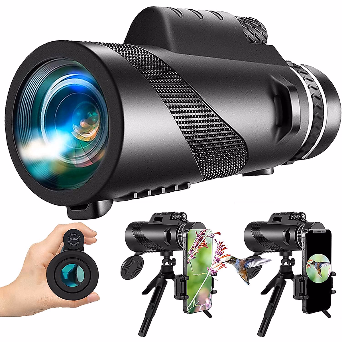 PhysioPhyx 80x100 Monocular-Telescope High Powered for Smartphone Monoculars for Adults High Definition Monocular Telescope for Stargazing Hunting Wildlife Bird Watching Travel Camping Hiking