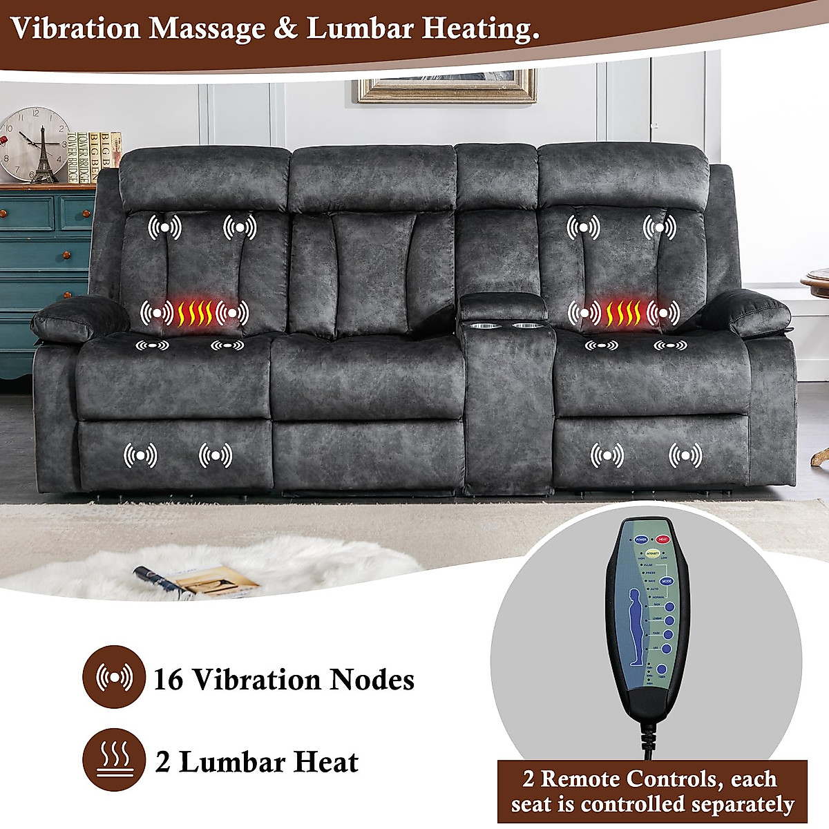 GUEAPY 3 Seater Recliner Sofa Reclining Loveseat with Console Power Reclining Sofa with Heat and Massage, Cup Holders, USB & Type-C Charge Ports for Living Room (Grey)