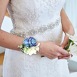Latious Wedding Prom Wrist Corsage Rose Corsages Wristlet Bridesmaids Hand Flower Wristband Bridal Flowers Decor for Women and Girls (Blue Camellia)