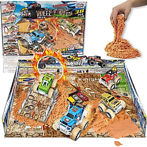 Big Wheel Monster Truck Stunt Stadium Playset with DIY Puzzle Construction Playmat, 2 Friction Monster Trucks, and Play Dirt (38 Pcs)