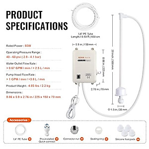 VEVOR Bottled Water Dispenser Pump System, 5 Gallon Dispensing System, Automatic Electric Water Dispenser, Single Inlet Water Jug Pump, Compatible Use with Coffee/Tea Machine, Refrigerator, Ice Maker