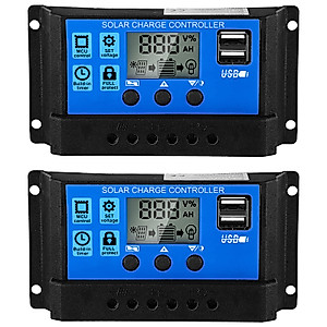 Solar Battery Controller 12v/24v Solar Panel Charge Controller Ground Solar Panel Controller Regulator with Adjustable LCD Display and Dual USB Port Timer Setting PWM Auto Parameter(2 Pieces,30A)