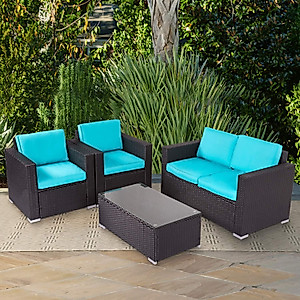 Kinsunny 4 Piece Outdoor Conversation Set Patio Sectional Sofa PE Wicker Furniture Sets with Glass Coffee Table and Cushions for Porch Lawn