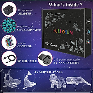 FULLOSUN Shark Gifts, 3D Shark Night Light for Kids (4 Patterns) with Remote Control 16 Colors Changing Dimmable Function, Xmas Birthday Gifts for Kids Child (Shark, Whale, Turtle, Dolphin)