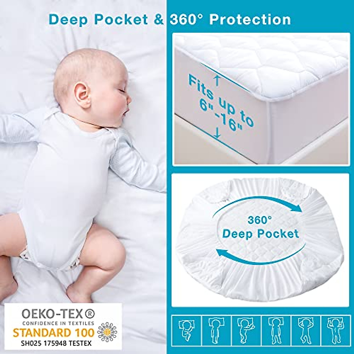 Full Size Mattress Protector, Waterproof Breathable Noiseless Full Size Mattress Pad with Deep Pocket for 6-16 inches Mattress, White