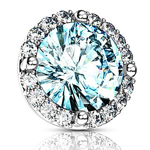 FIFTH CUE 14G Round Prong Set CZ Center w/CZ Around 316L Surgical Steel Internally Threaded Dermal Top (Clear/Aqua)