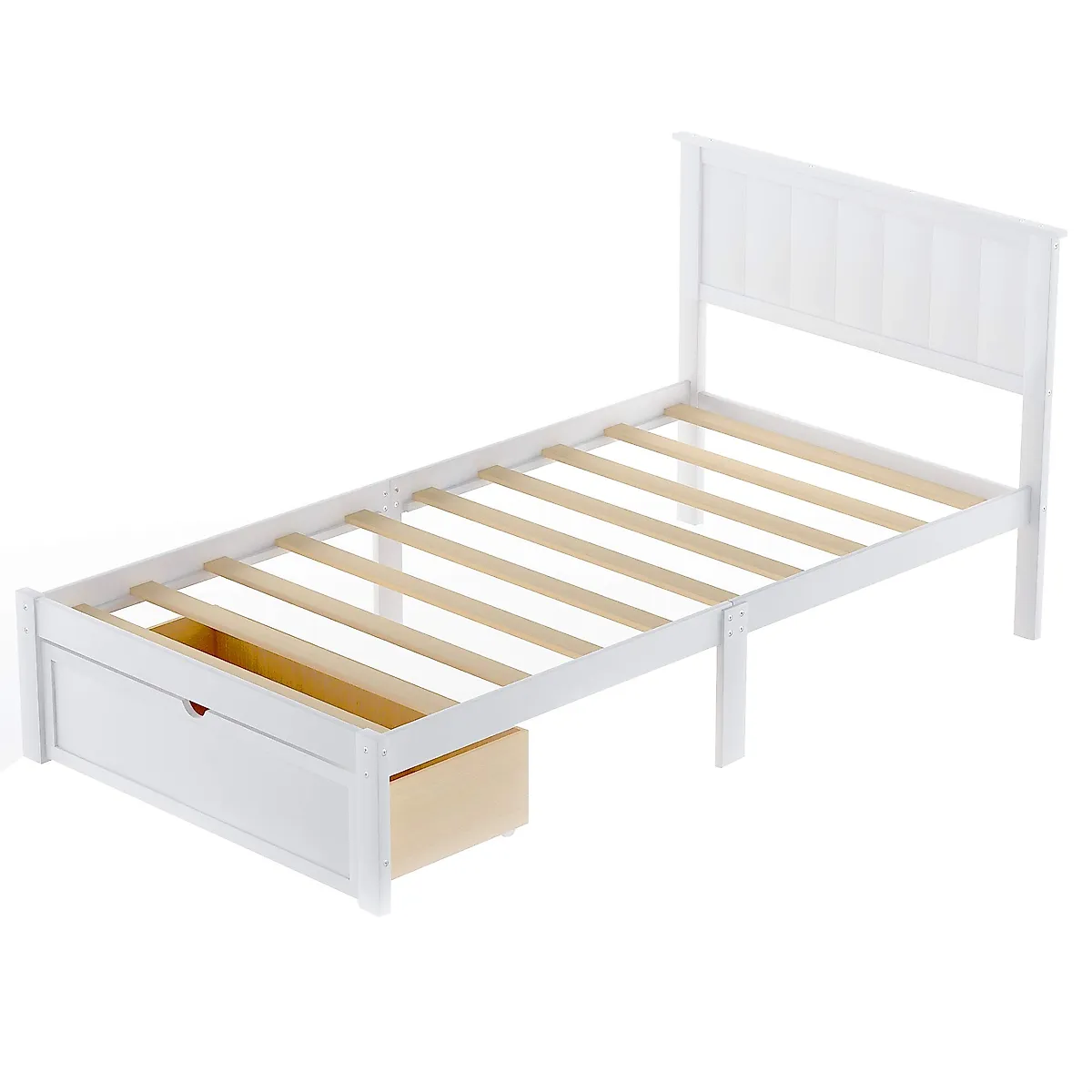 Merax Twin Bed Frames, Wood Twin Platform Bed Frame with Storage Drawer, Twin Kids Bed with Headboard for Girls Boys, No Box Spring Needed,White