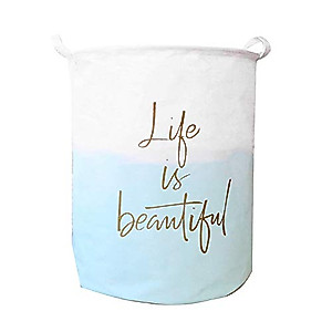 FILOL Clothes Laundry Hamper Storage Bin,Life is Beautiful Slogan Large Collapsible Storage Basket Canvas Laundry Basket for Home Bedroom Nursery Room