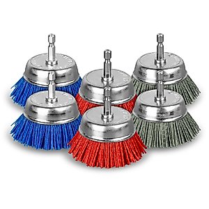 SALI 6Pack 3 Inch Cup Brush Nylon Filament Abrasive Wire Brush Wheel with 1/4 Inch Hex Shank, Three Grits Nylon Drill Brush Set for Removal of Rust Corrosion Paint