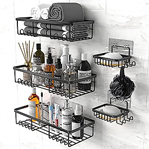 DINGXI Shower Caddy, 5 Packs Shower Shelves, Adhesive Shower Organizer No Drilling, with Shower Loofah Balls (1 Pack) with Adhesives or Screws Mounted for Bathroom Toilet & Kitchen (Black)