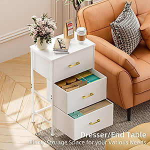 Night Stand, Nightstand with 3 Drawers, Fabric Kids Bedside Table Storage Organizer for Small Space, Bedroom, White Nightstand with Sturdy Structure, Modern Faux Leather End Table, White