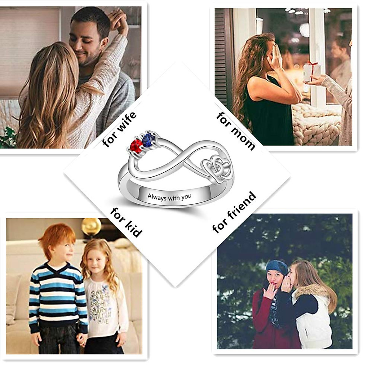 Molywoo Personalized Infinity Symbol Rings Double Hearts Best Friend Promise Rings with 2 Round Shape Simulated Birthstones Engraved Name Rings for Women Love Forever (6)