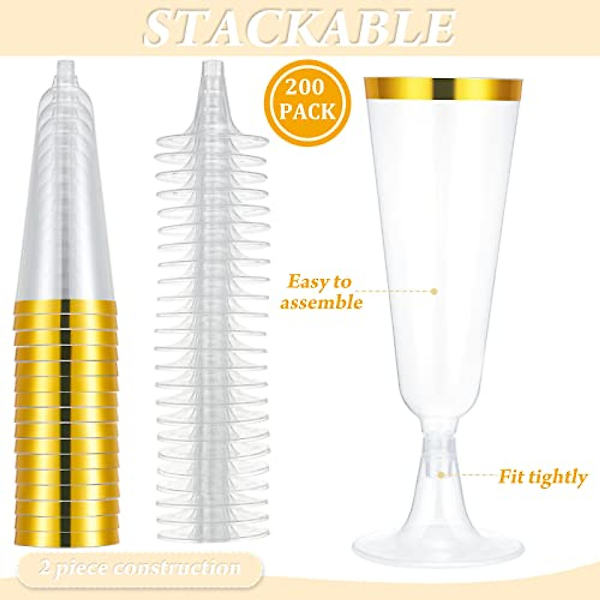 CHENGU 200 Pack Champagne Flutes Plastic 5 Oz Plastic Wine Glasses Plastic Toasting Champagne Flutes for Wedding Party Disposable Plastic Champagne Glasses Cocktail Cups for Celebration (Gold)