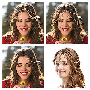 WILLBOND 8 Pieces Gold Head Chain Jewelry Halloween Boho Headband Coins Pearl Tassel Chain Hair Band Festival Prom Wedding Headpiece for Women(Cute Style)