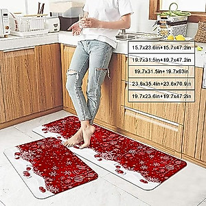 2 Pieces Kitchen Rugs and Mats Red Christmas Shiny Stars Xmas Balls,Non Slip Indoor Doormats Set,Washable Floor Carpet Area Runner for Laundry Sink Home Decor Winter Snowflakes