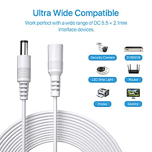 ZOSI 12V DC Power Extension Cable 12ft 2.1mm x 5.5mm 12V DC Plug Power Adapter Cord for Security Camera,Wireless IP Network Camera,CCTV DVR NVR Recorder, LED Strip,Car and More(White)