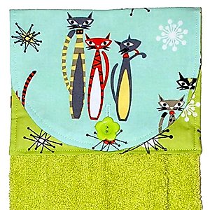 Hanging Hand Towel - Mod Cats On Aqua with Green Starburst Accent Fabric - Plush Green Kitchen Towel