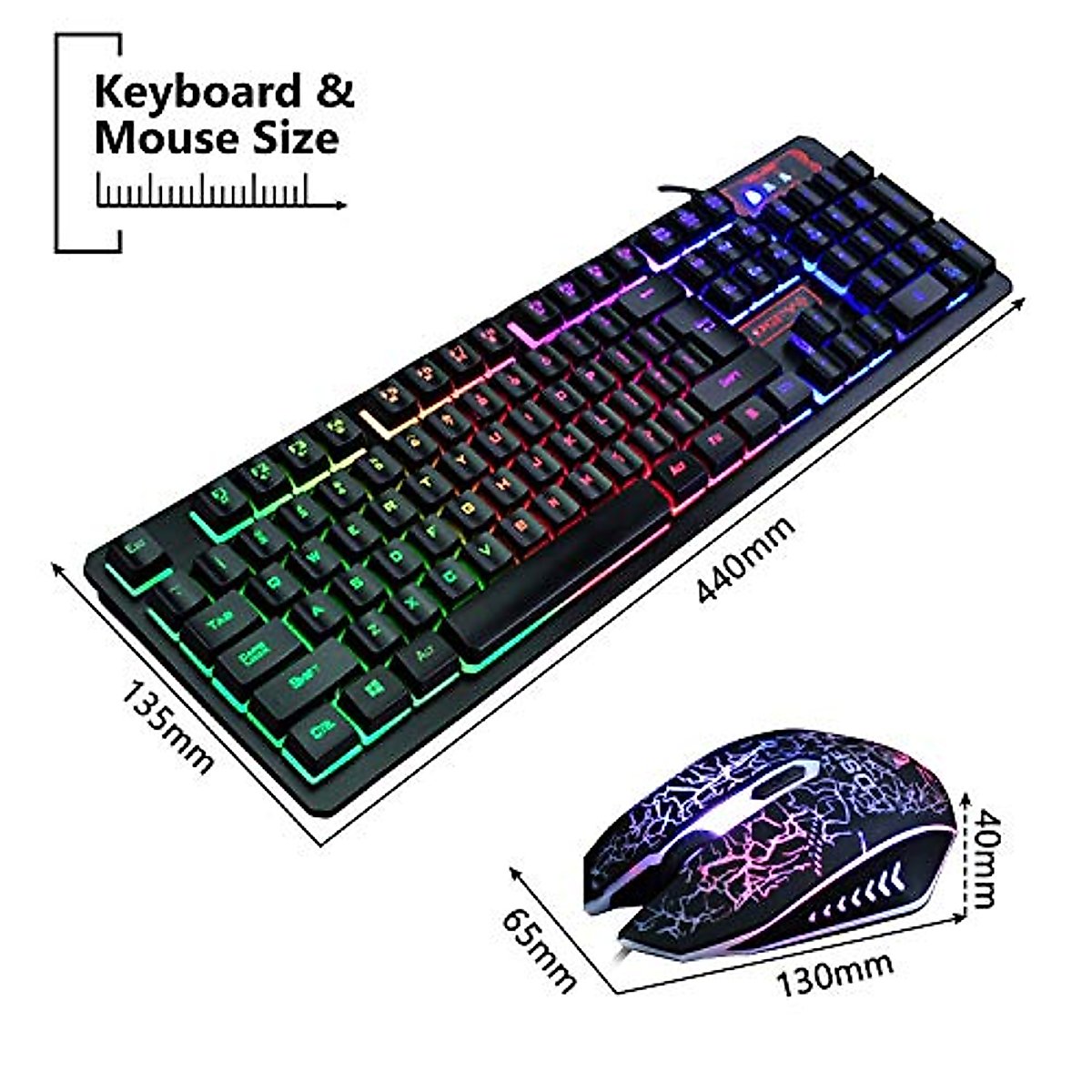 FELICON Wired Gaming Keyboard and Mouse Combo & 10 RGB Mouse Pad Set Waterproof 104 Keys Rainbow Backlight Mechanical Feel Keyboard and Crack Glowing Mouse for Laptop PC Computer Gaming and Work