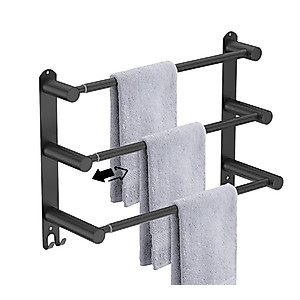 3-Tier Adjustable Ladder Bath Towel Bar 16 to 27.6 Inch,ZUEXT Oil Rubbed Black Stainless Steel Towel Holder, Wall Mounted Stair Towel Rod for Bathroom Kitchen,Strechable Towel Rail Racks w/Hooks