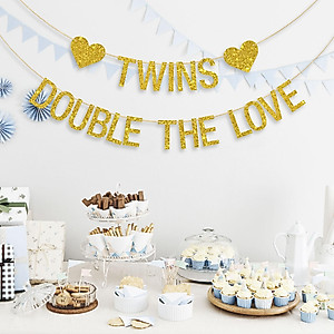Ambishi Twins Double The Love Banner, Twins Baby Shower/Twins Birthday/Engagement/Wedding Party Decorations (Gold Gliter)