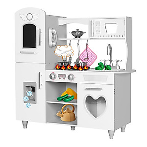 TaoHFE LED Upgrade Kitchen Set for Kids Wooden Play Kitchen LED Gas Tray with Sound Toy Kitchen Sets for Girls Gift Enjoy Cooking with Lights and Sounds White Kitchen for Toddlers Kids Kitchen Playset