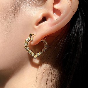 Heart Hoop Earrings for Women 14K Gold Plated Hypoallergenic Bamboo Cubic Zirconia Hoops Lightweight Heart Huggie Earrings for Women Jewelry Gift