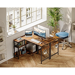 ODK 40 Inch Small L Shaped Computer Desk with Reversible Storage Shelves, Corner Desk with Monitor Stand for Small Space, Modern Simple Writing Study Table for Home Office, Rustic Brown