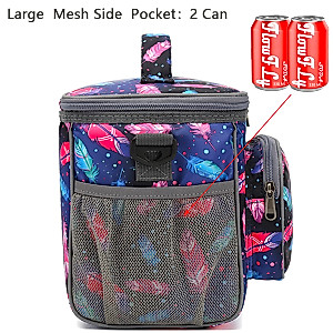 FlowFly Insulated Reusable Lunch Bag Adult Large Lunch Box for Women and Men with Adjustable Shoulder Strap,Front Zipper Pocket and Dual Large Mesh Side Pockets,Feather